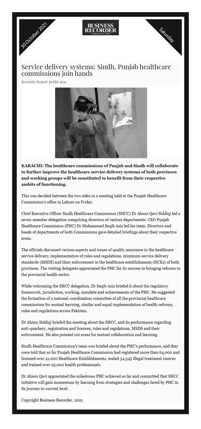 Business Recorder 30 October 2021 - Sindh HealthCare Commission (SHCC)