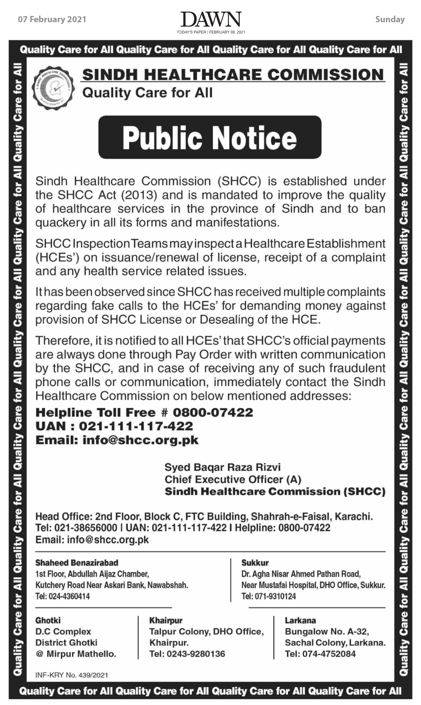 Dawn Newspaper 07 February 2021 - Sindh HealthCare Commission (SHCC)