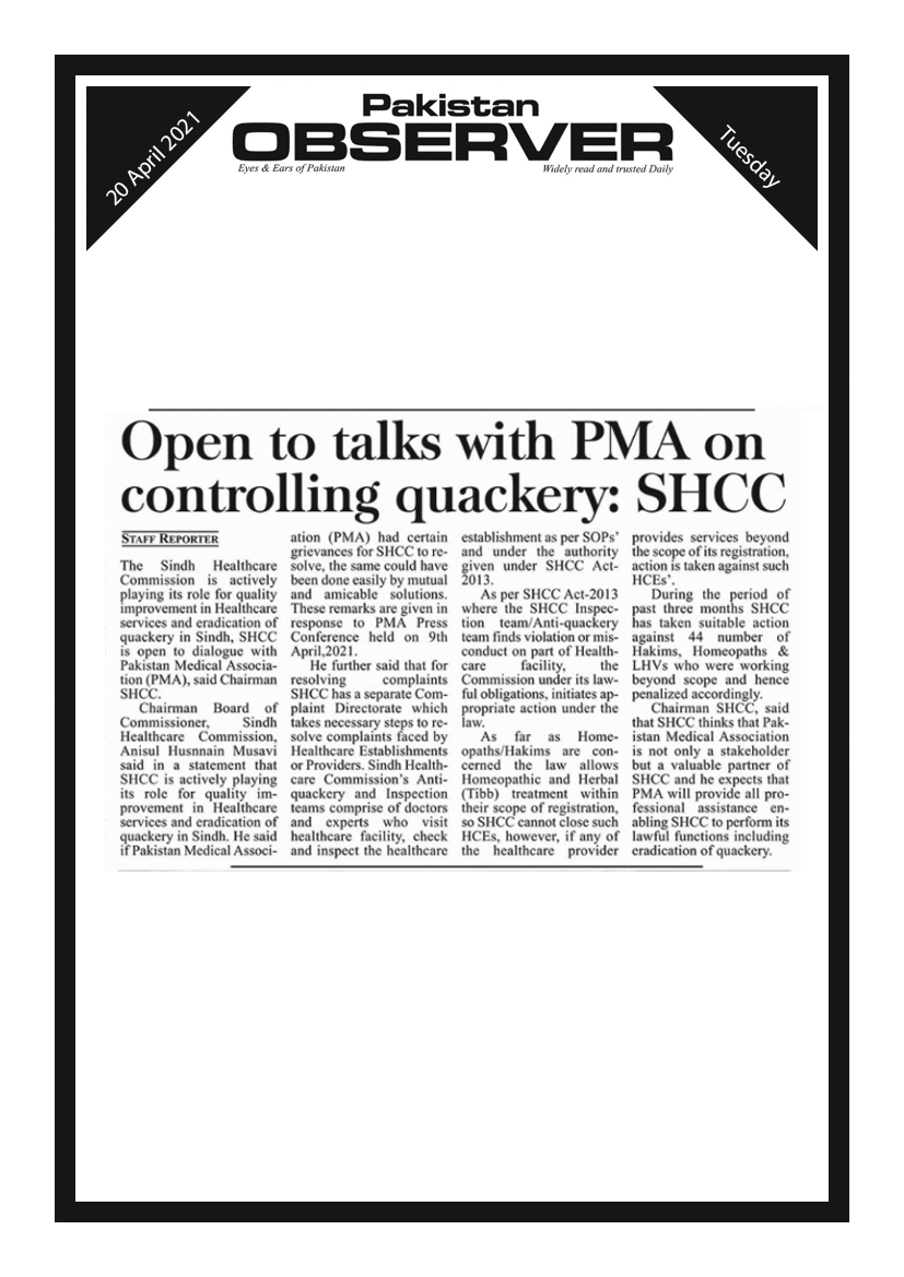 Pakistan Observer 20 April 2021 - Sindh HealthCare Commission (SHCC)