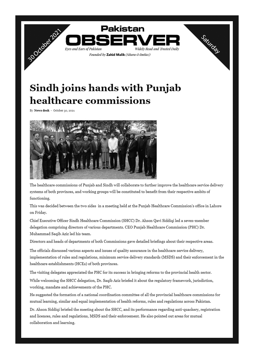 Pakistan Observer 30 October 2021 - Sindh HealthCare Commission (SHCC)