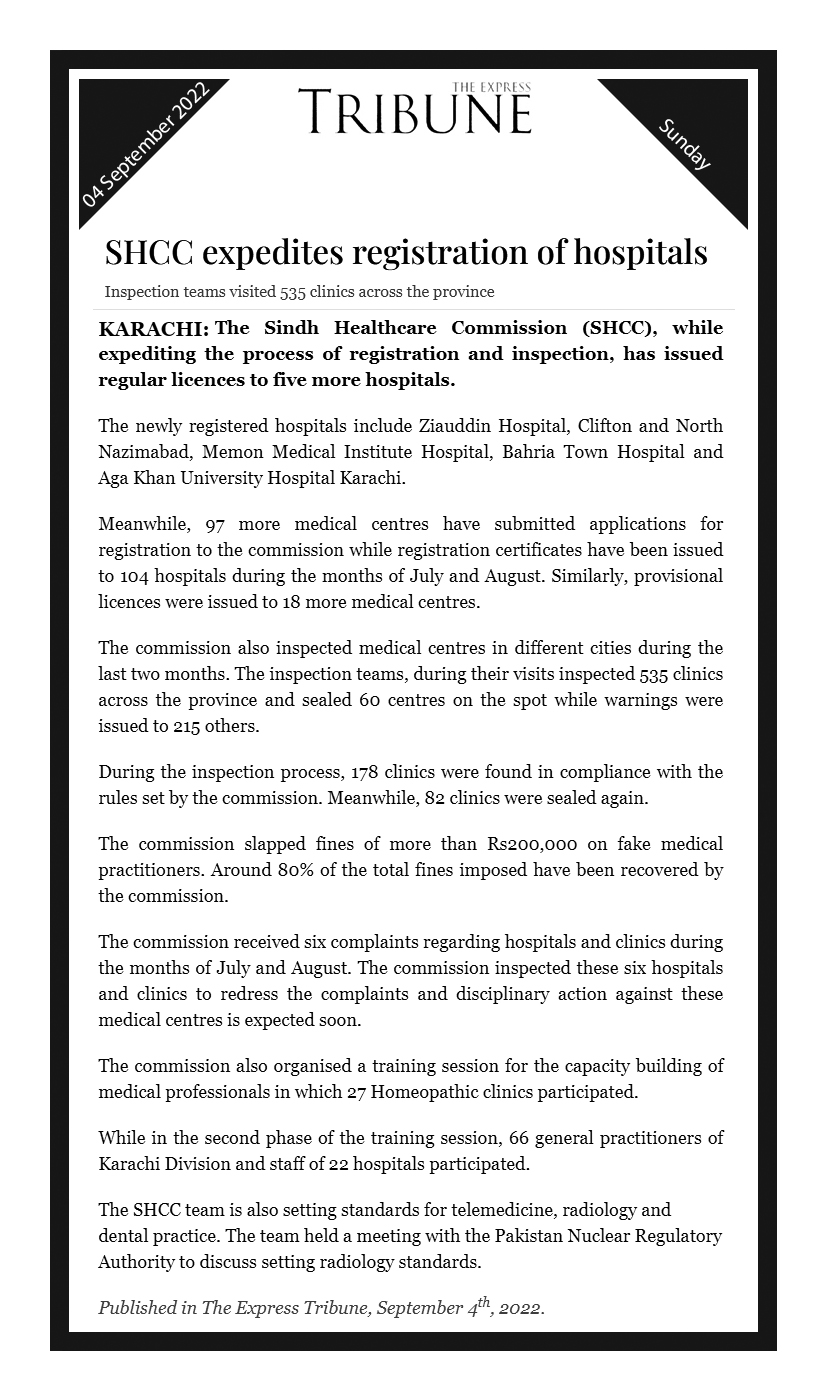The Express Tribune 4 September 2022 - Sindh HealthCare Commission (SHCC)