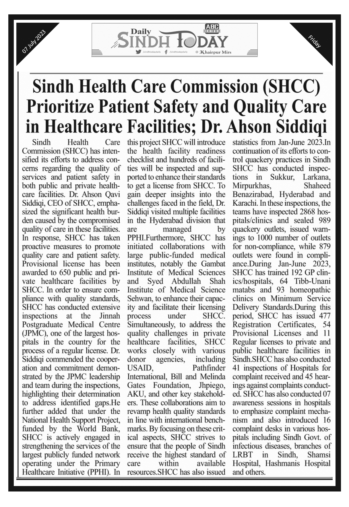Daily Sindh Todays Newspaper - 07 July 2023 - Sindh HealthCare ...