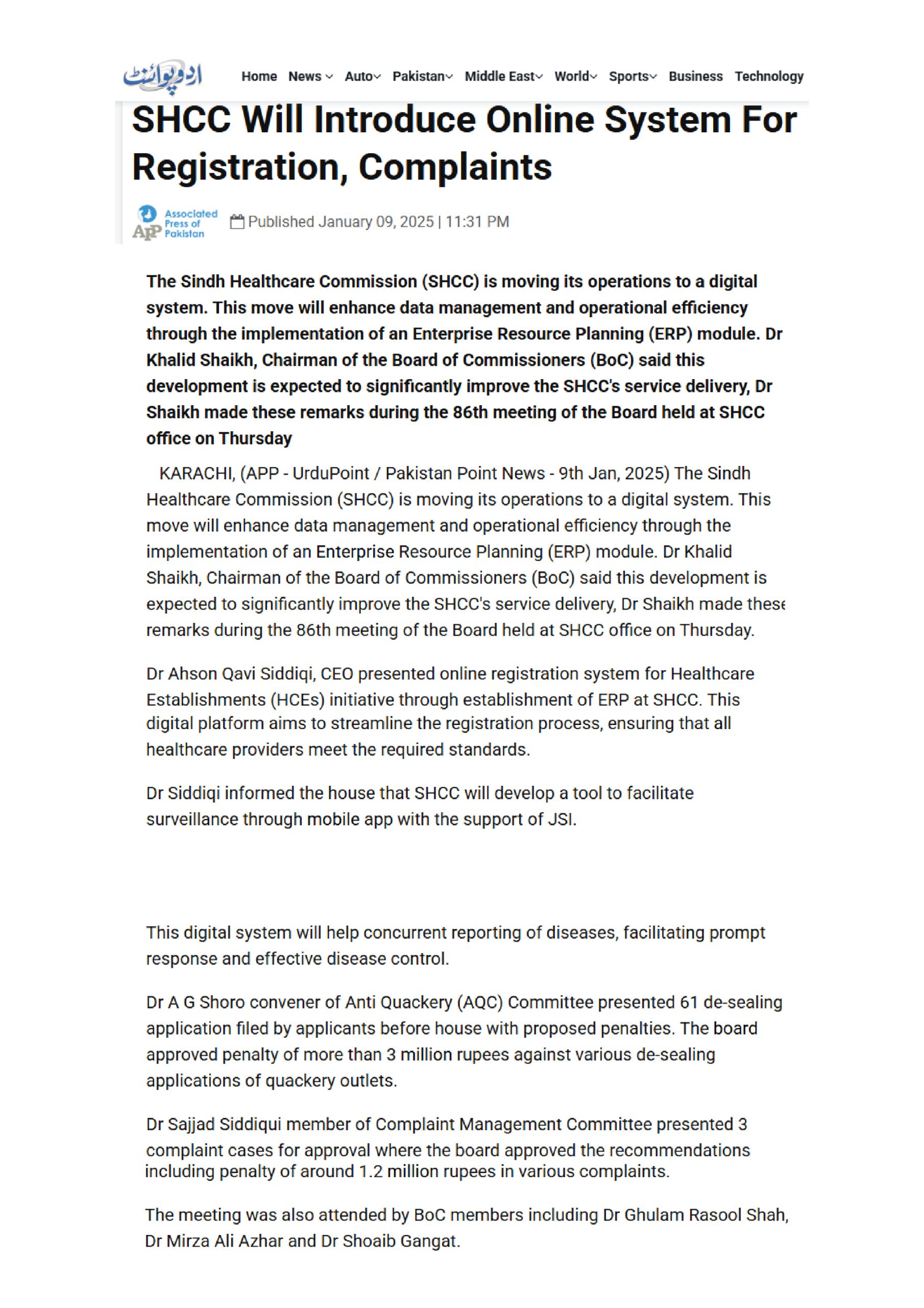 Urdu Point 09 January, 2025 - Sindh HealthCare Commission (SHCC)