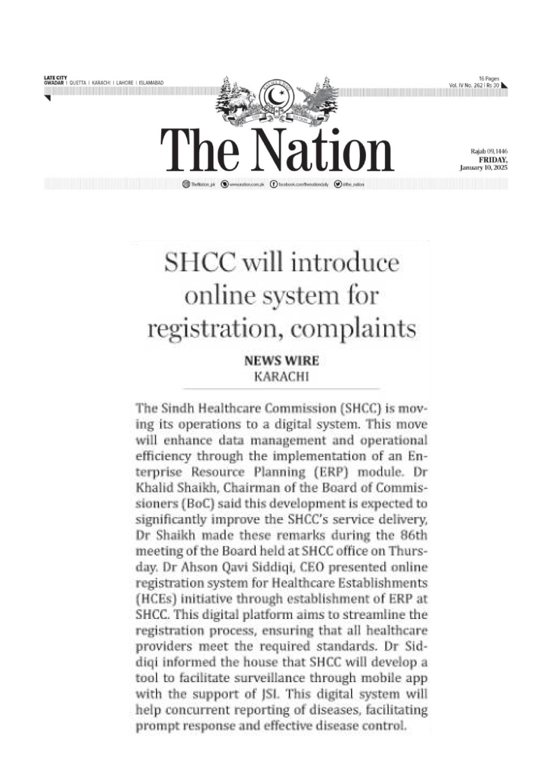 The Nation 10 January, 2025 - Sindh HealthCare Commission (SHCC)